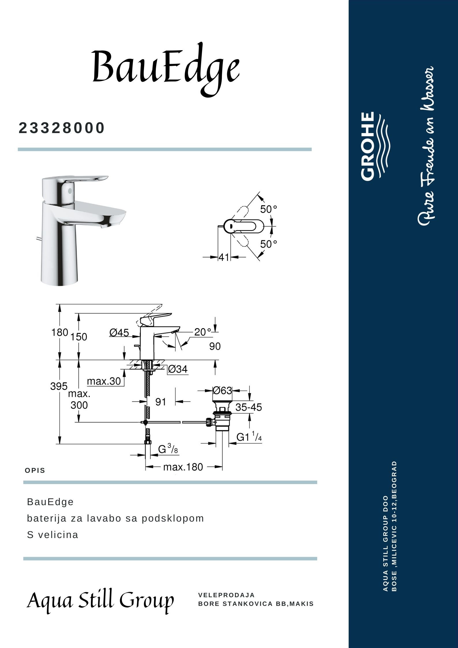 BauEdge baterija za lavabo S sa podsklopom *23328000 - Aqua Still Group ...